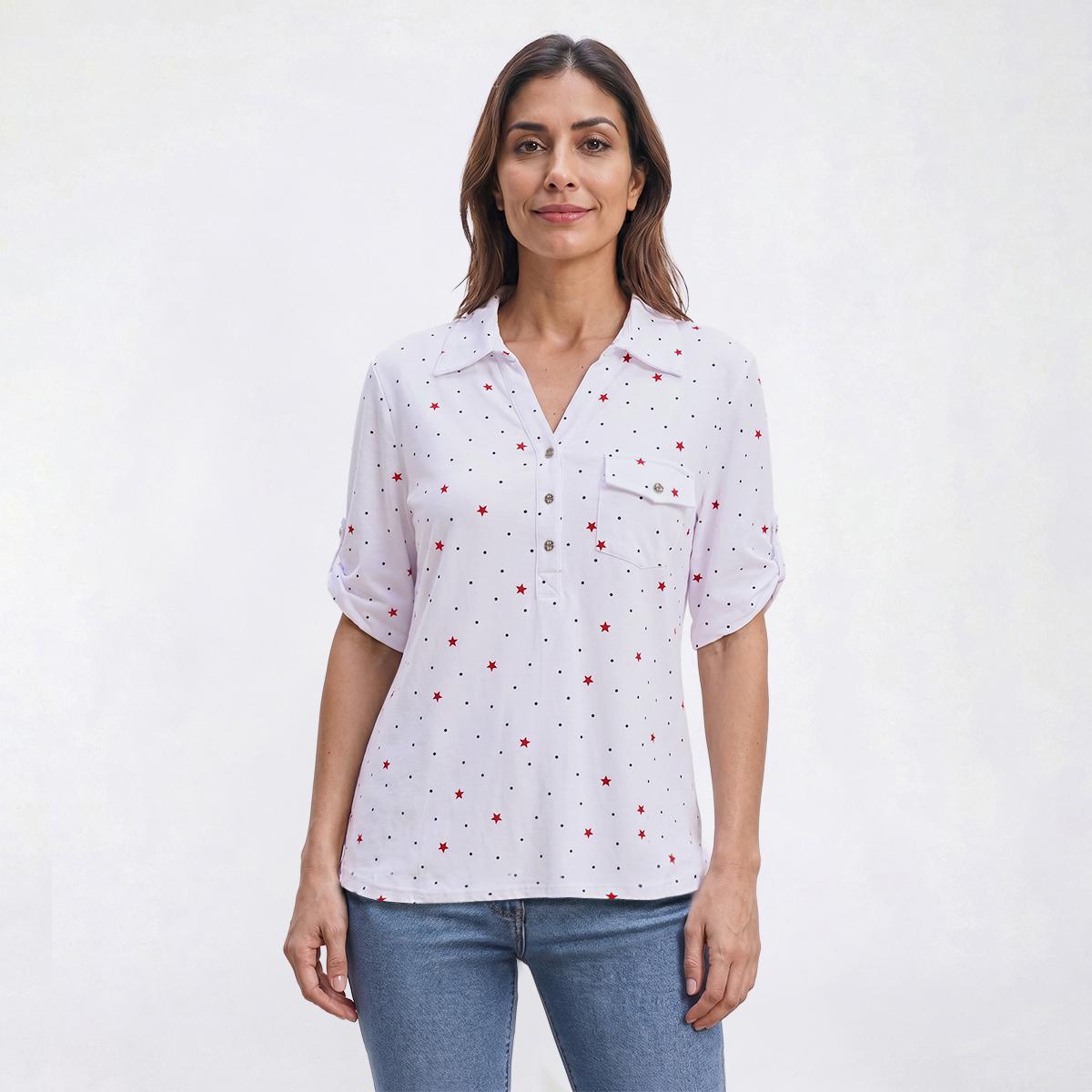 Click here for Womens Emily Daniels Roll Tab Elbow Sleeve Star Do... prices